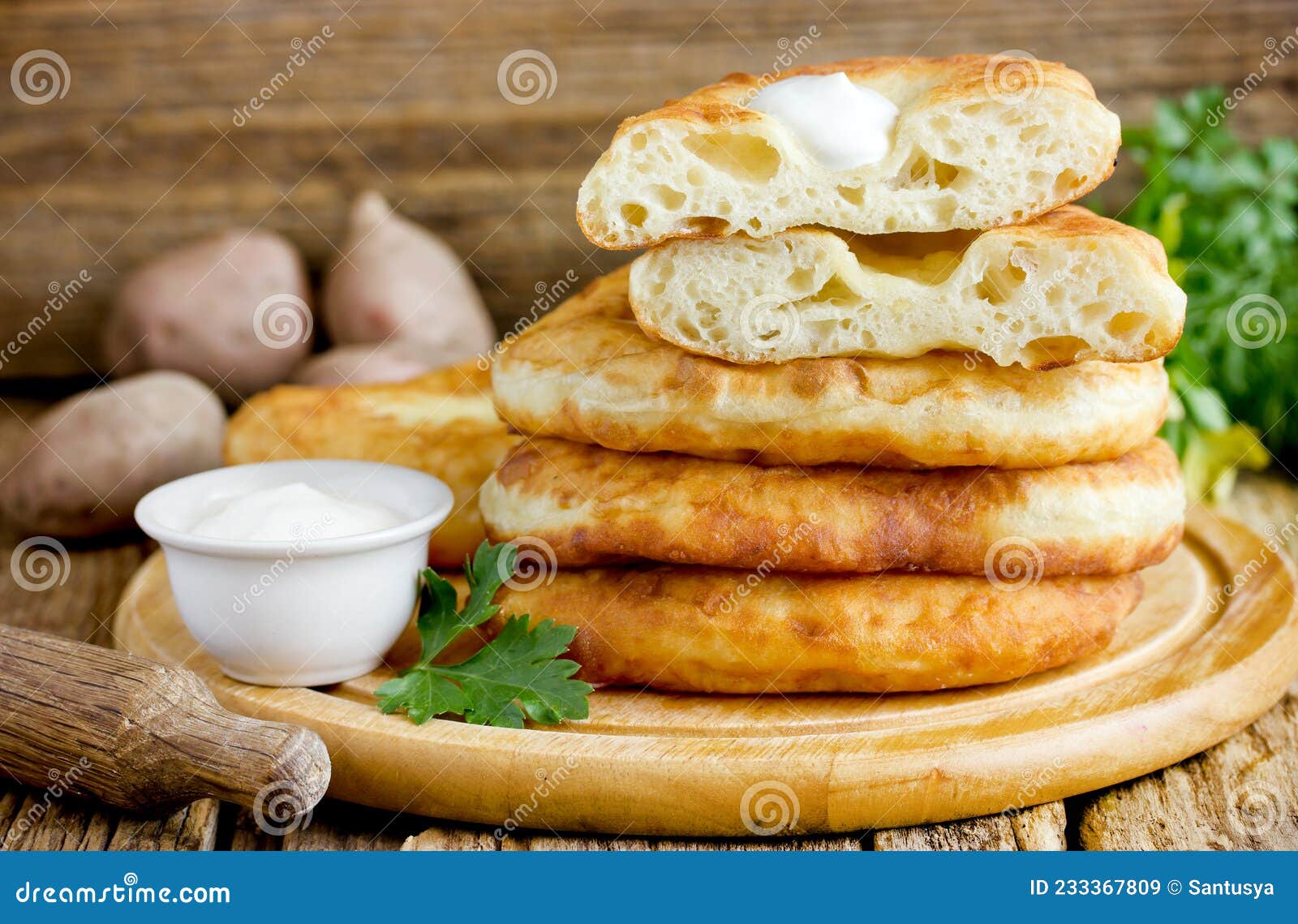 Flatbread Langos Langosh from Potato Stock Image - Image of board ...