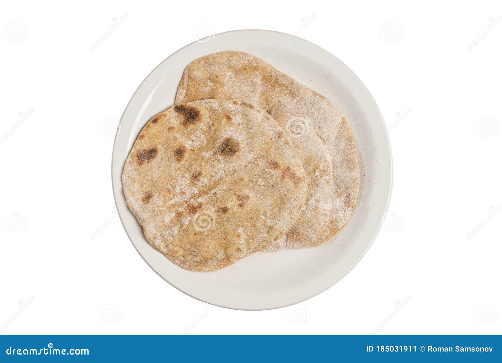 Flatbread on a White Plate Top View Isolated Stock Image - Image of ...