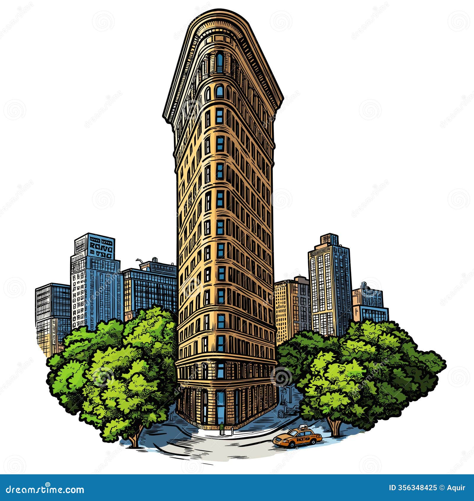 Flatiron Building in New York. Vector Comic Hand-drawn Illustration of ...