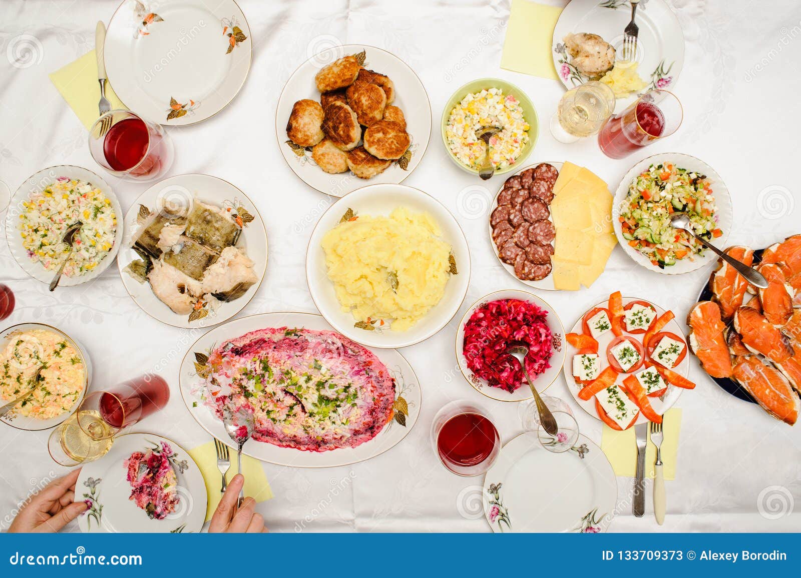 Flatlay of Festive Soviet and Russian Dinner on White Background Stock ...