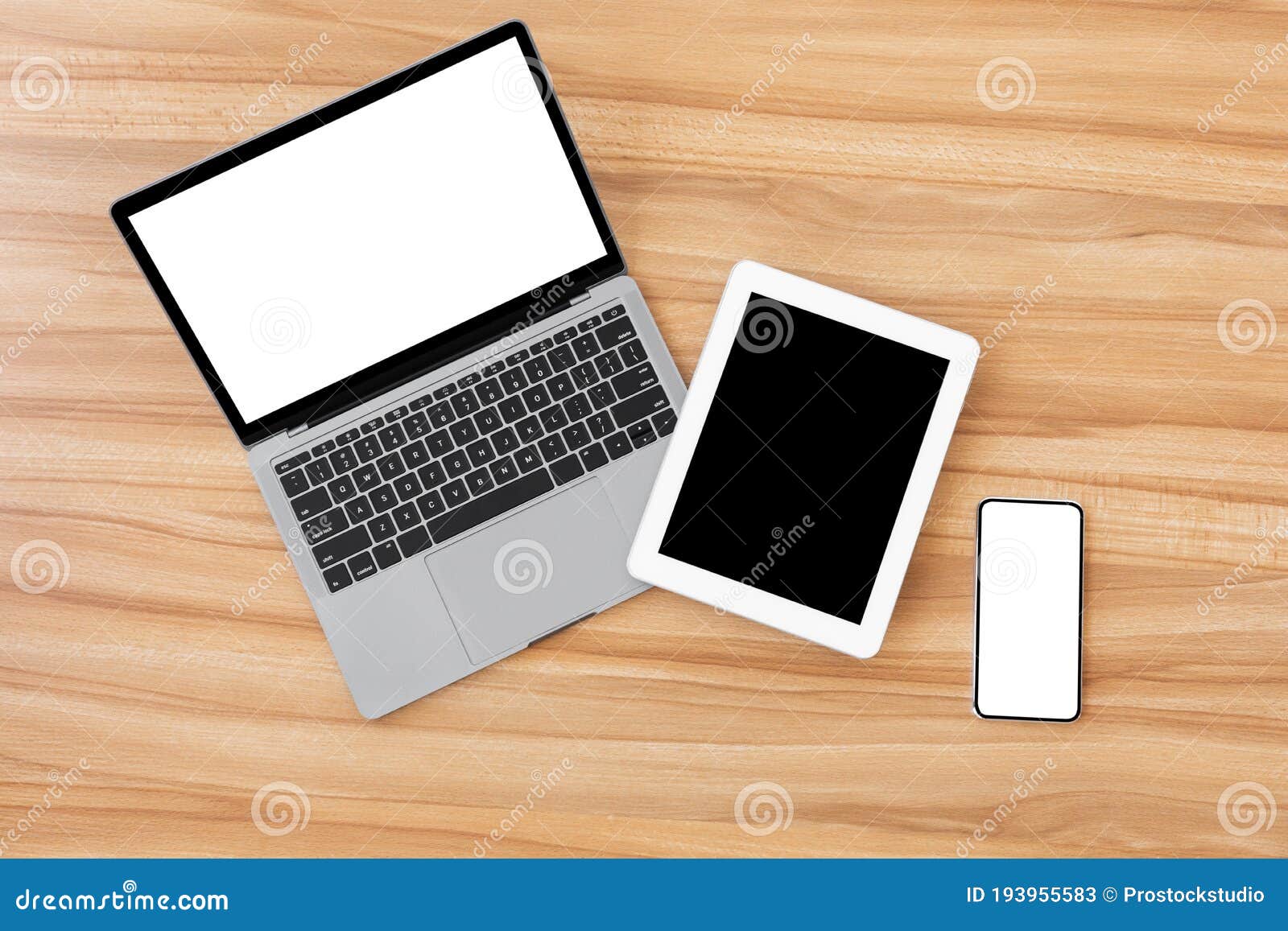 Flatlay of Laptop, Cell Phone and Tablet with Blank Screen Stock Image ...