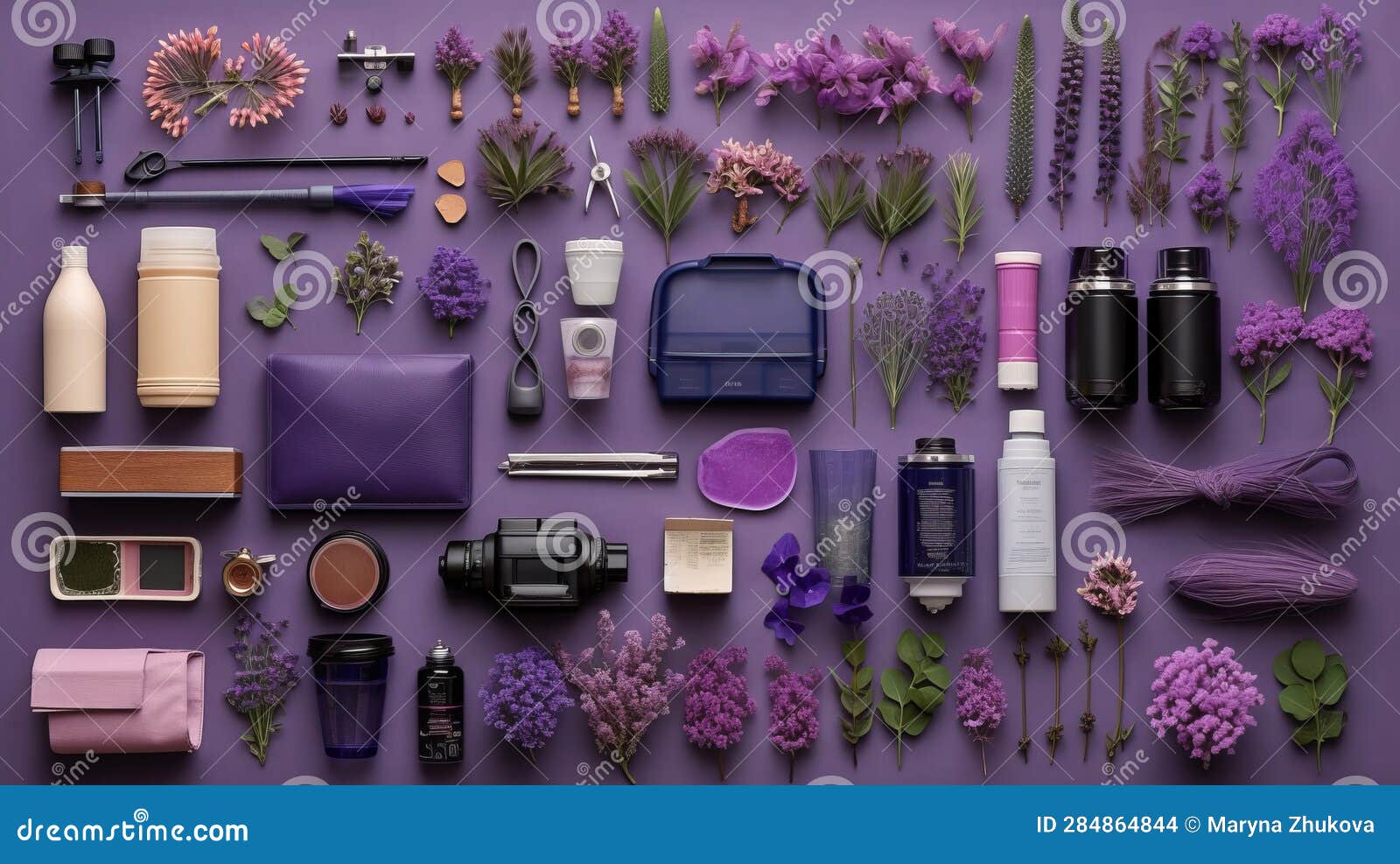 Flatlay Layout Of Lavender, Elements Of Various Sizes And Types Of ...