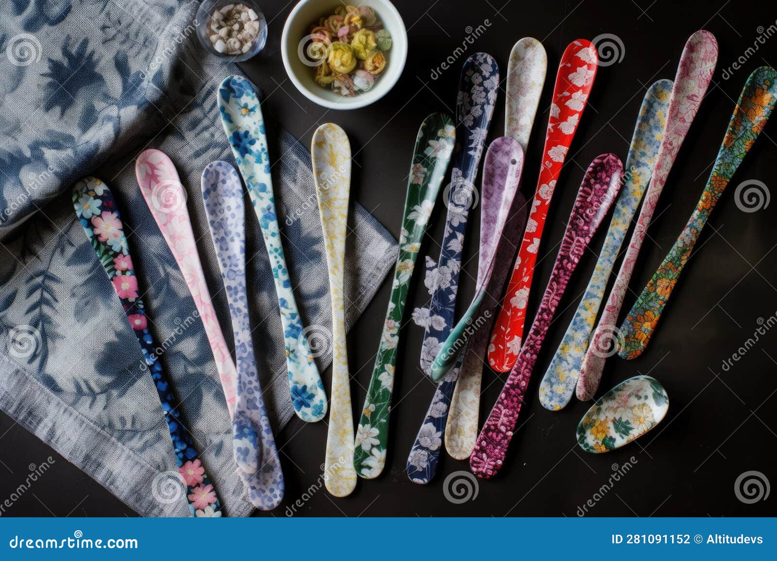 Flatlay of Stack of Stirring Spoons, Each with Different Pattern or ...