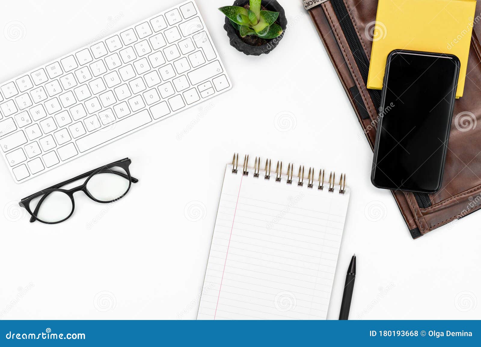 Flatlay White Office Desk Table. Keyboard, Glasses, Smartphone ...