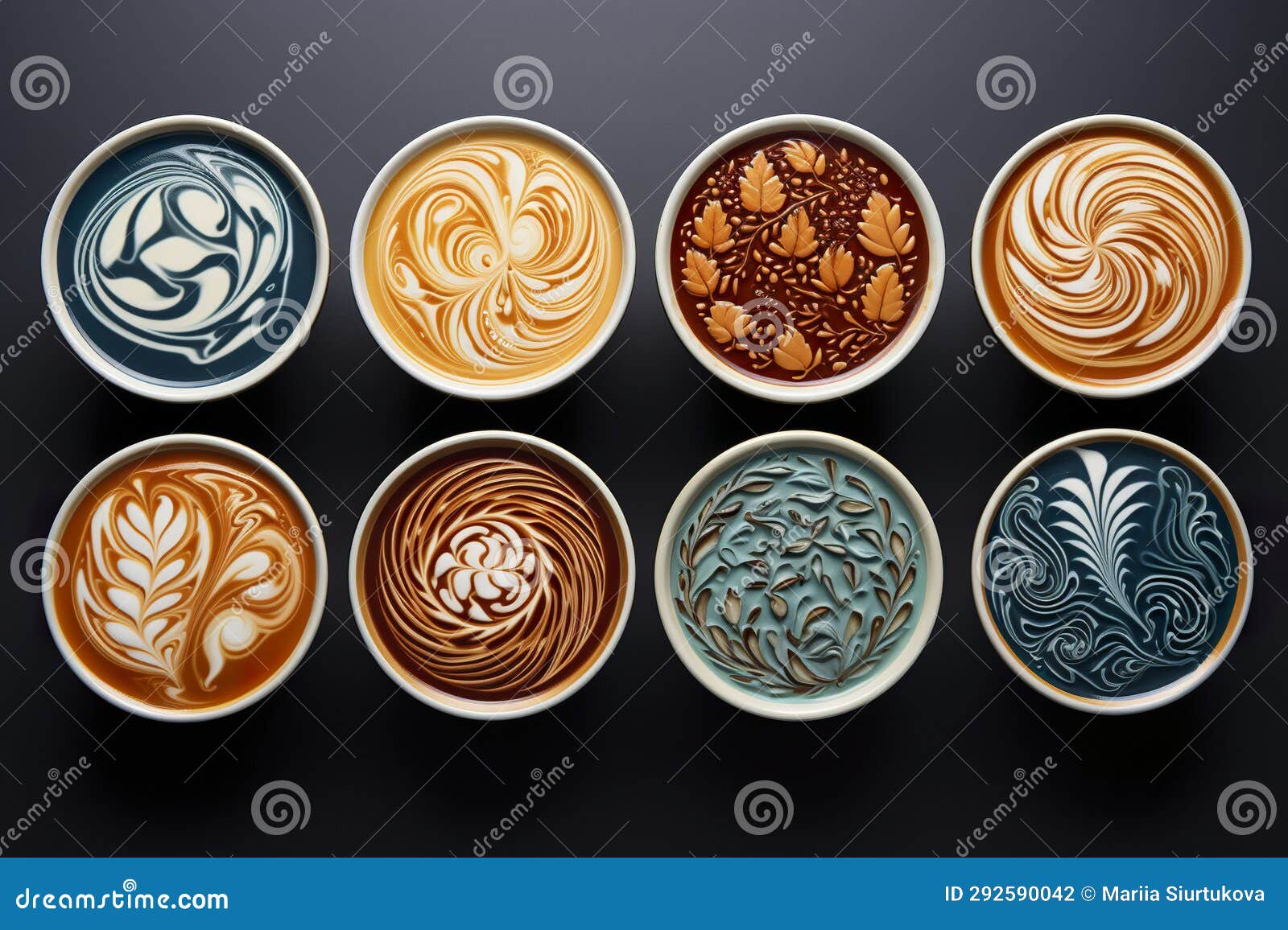Flatly Set of Different Coffee Types with Art Isolated on Dark ...