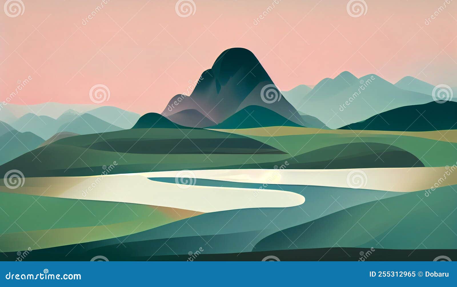 Flat Minimal River Valley Landscape Stock Illustration - Illustration ...