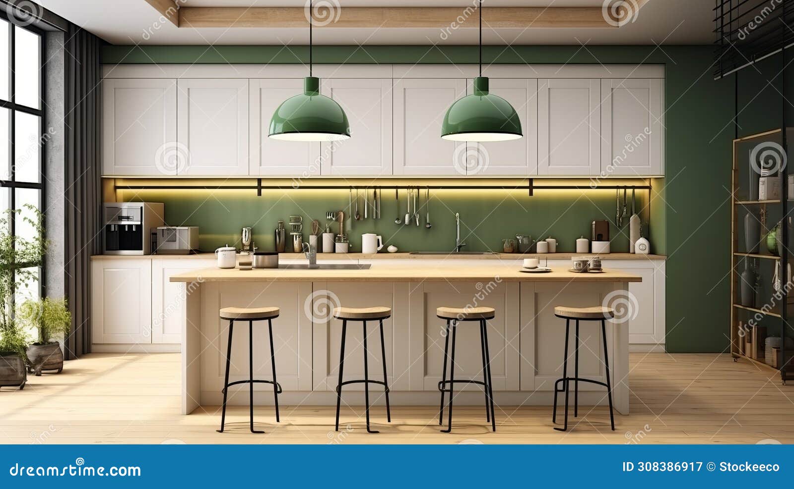 Flattering Lighting: 3d Rendered Kitchen Design with Green Walls and ...