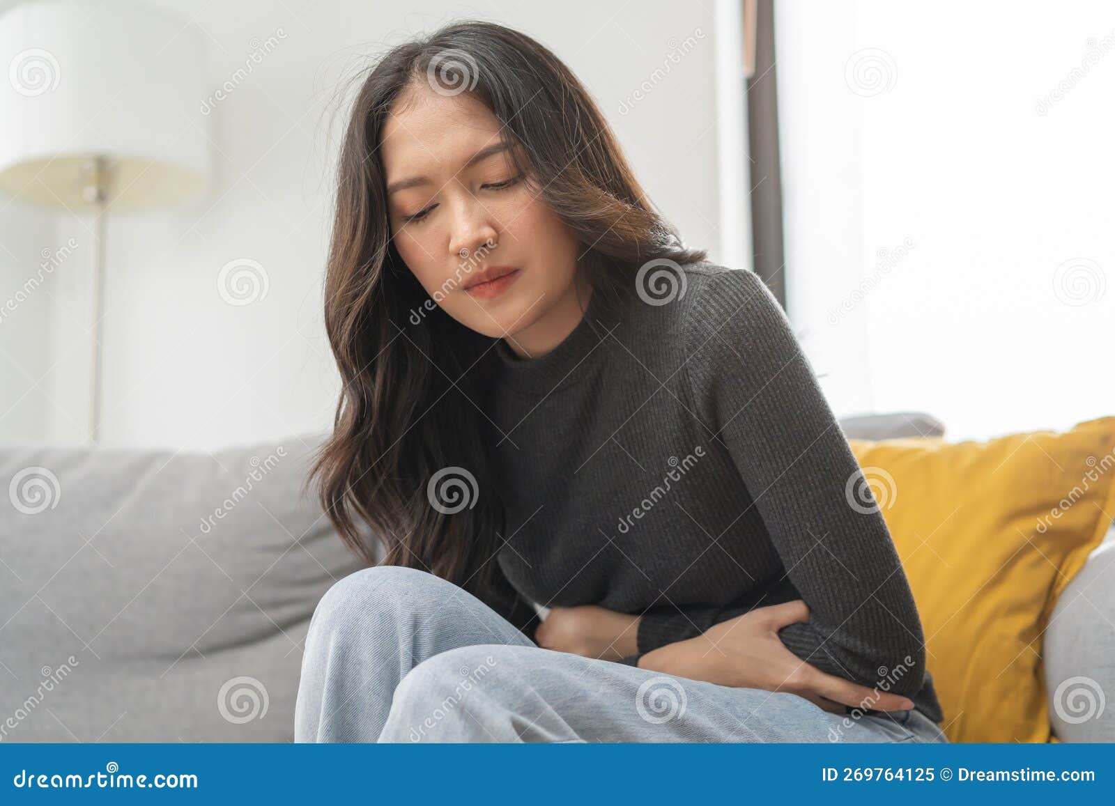 Flatulence Asian Young Woman Girl Hand In Stomach Ache Suffer From