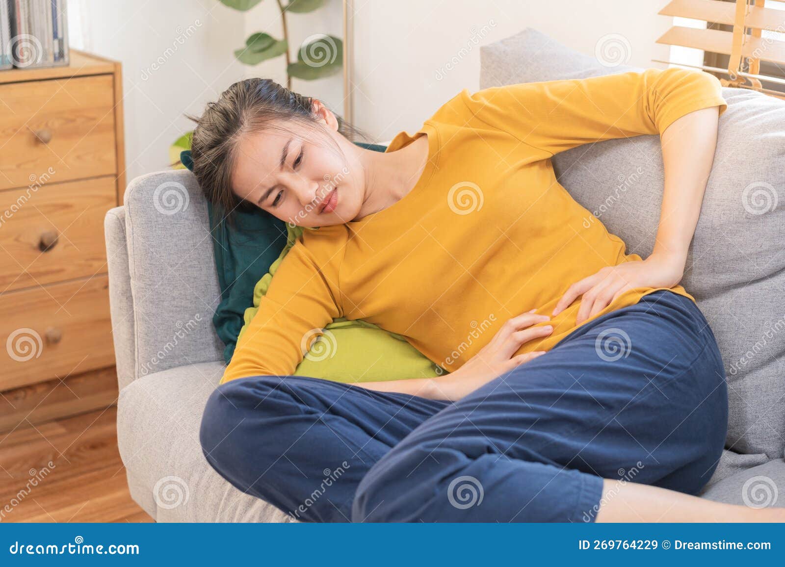 Flatulence Asian Young Woman Girl Hand In Stomach Ache Suffer From
