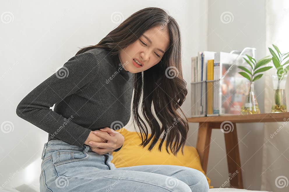 Flatulence Asian Young Woman Girl Hand In Stomach Ache Suffer From