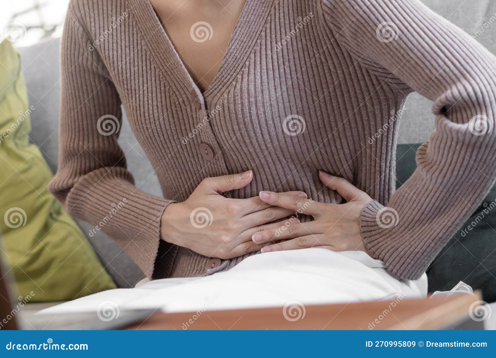 Flatulence Asian Young Woman Girl Hand In Stomach Ache Suffer From
