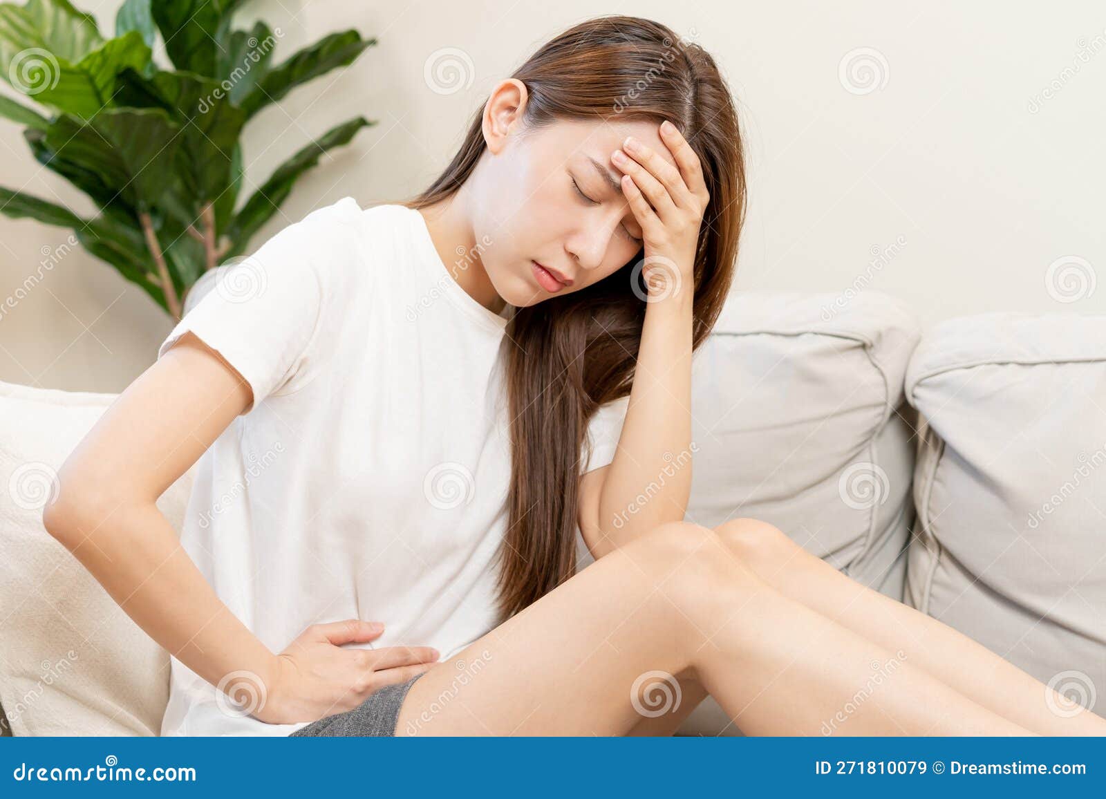 Flatulence Asian Young Woman Girl Hand In Stomach Ache Suffer From