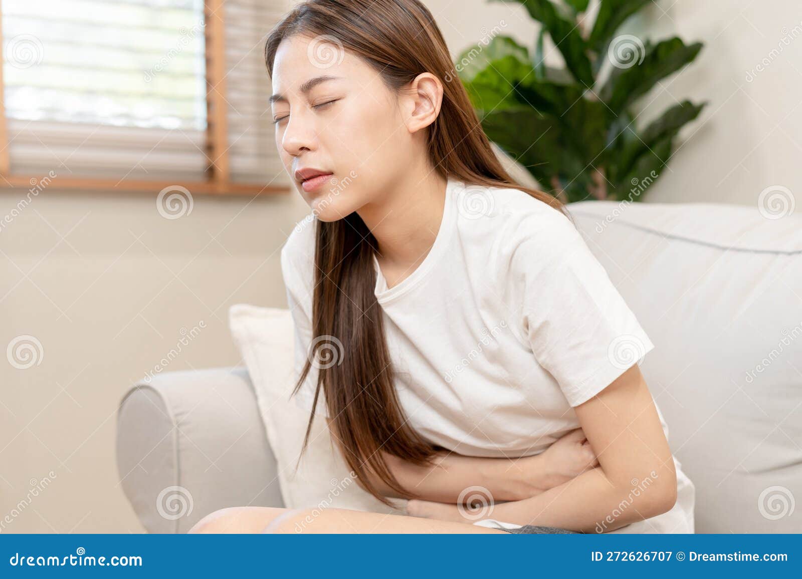 Flatulence Asian Young Woman Girl Hand In Stomach Ache Suffer From
