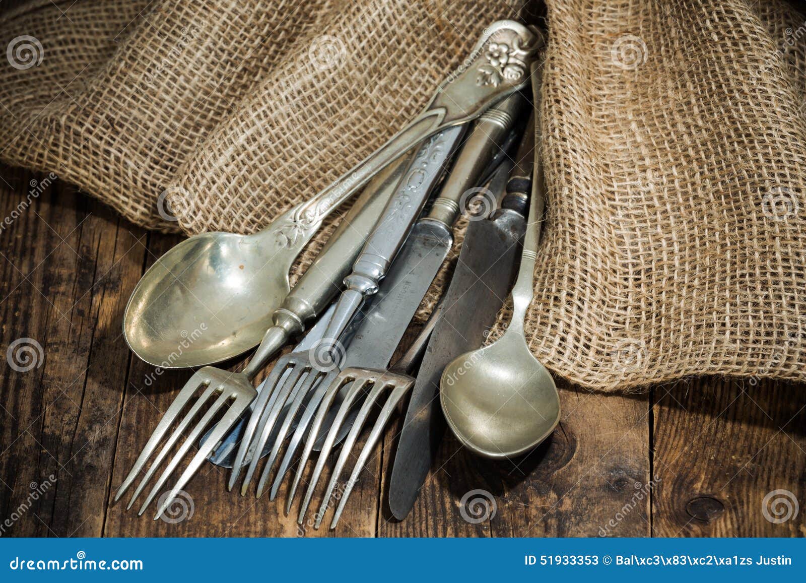 Flatware the Old Wooden Table with a Rustic Style. Stock Image - Image ...