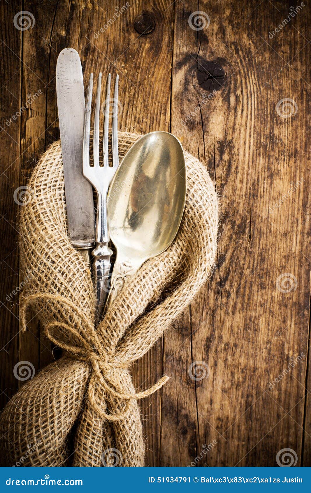 Flatware the Old Wooden Table with a Rustic Style. Stock Image - Image ...