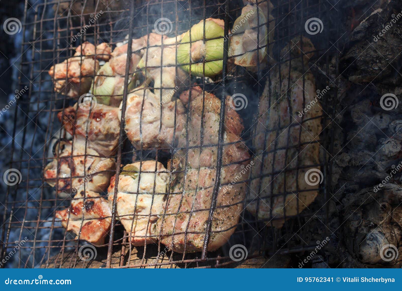Flavorful Meat on the Grill with Smoke in Forest Stock Image - Image of ...