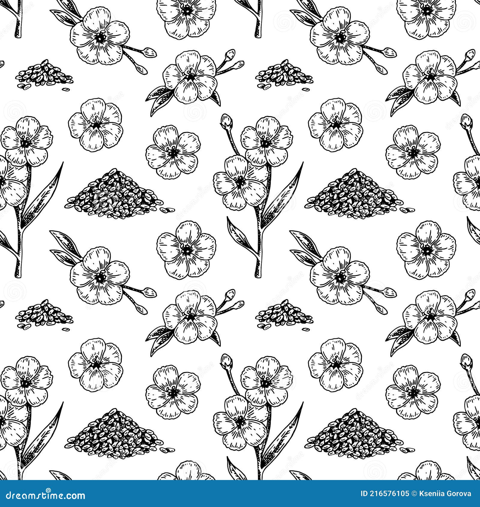 Flax Seamless Pattern with Hand Drawn Design Elements. Vector ...