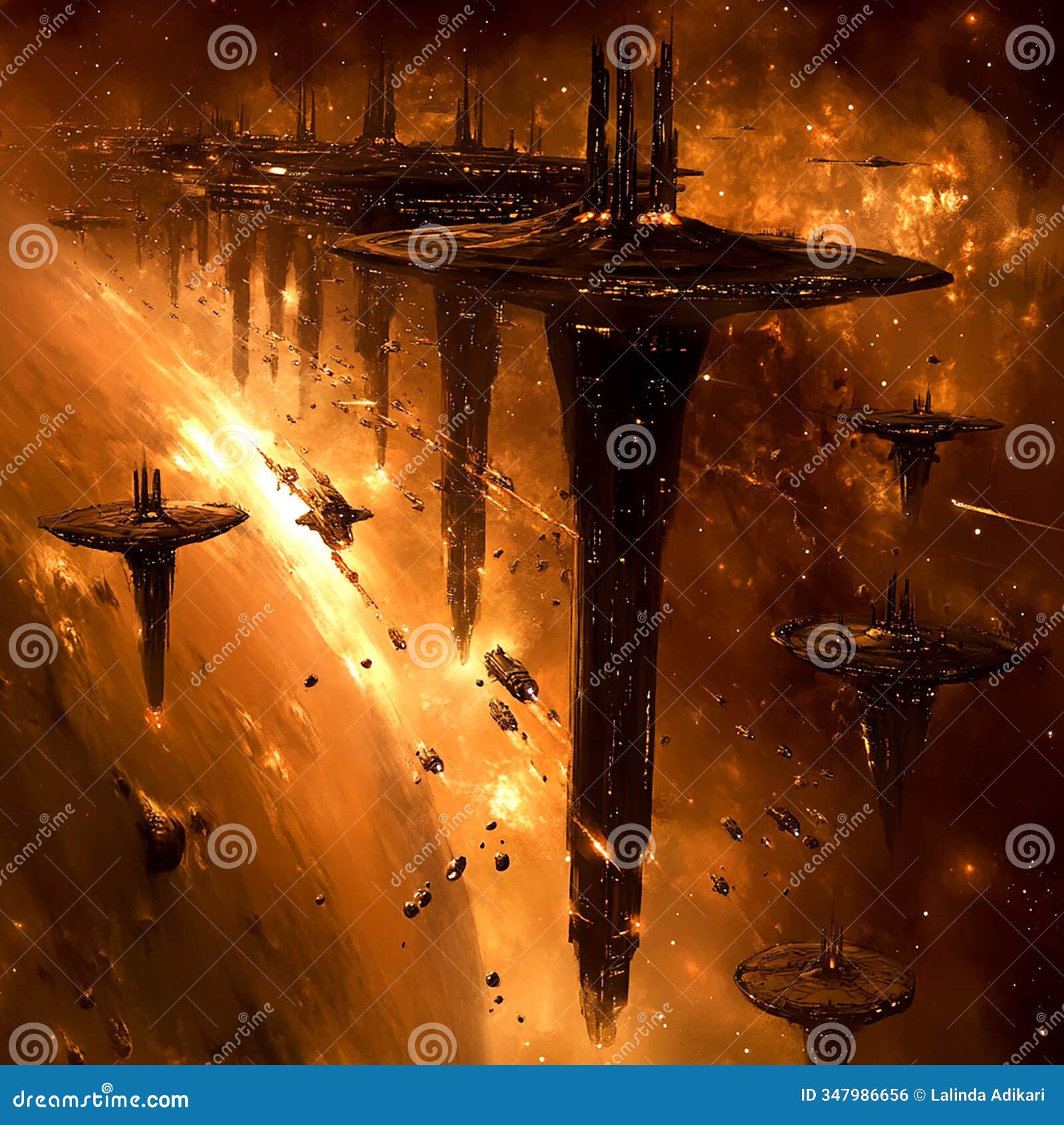 Fleet of Alien Ships Escorting a Colossal Spacecraft Stock Photo ...