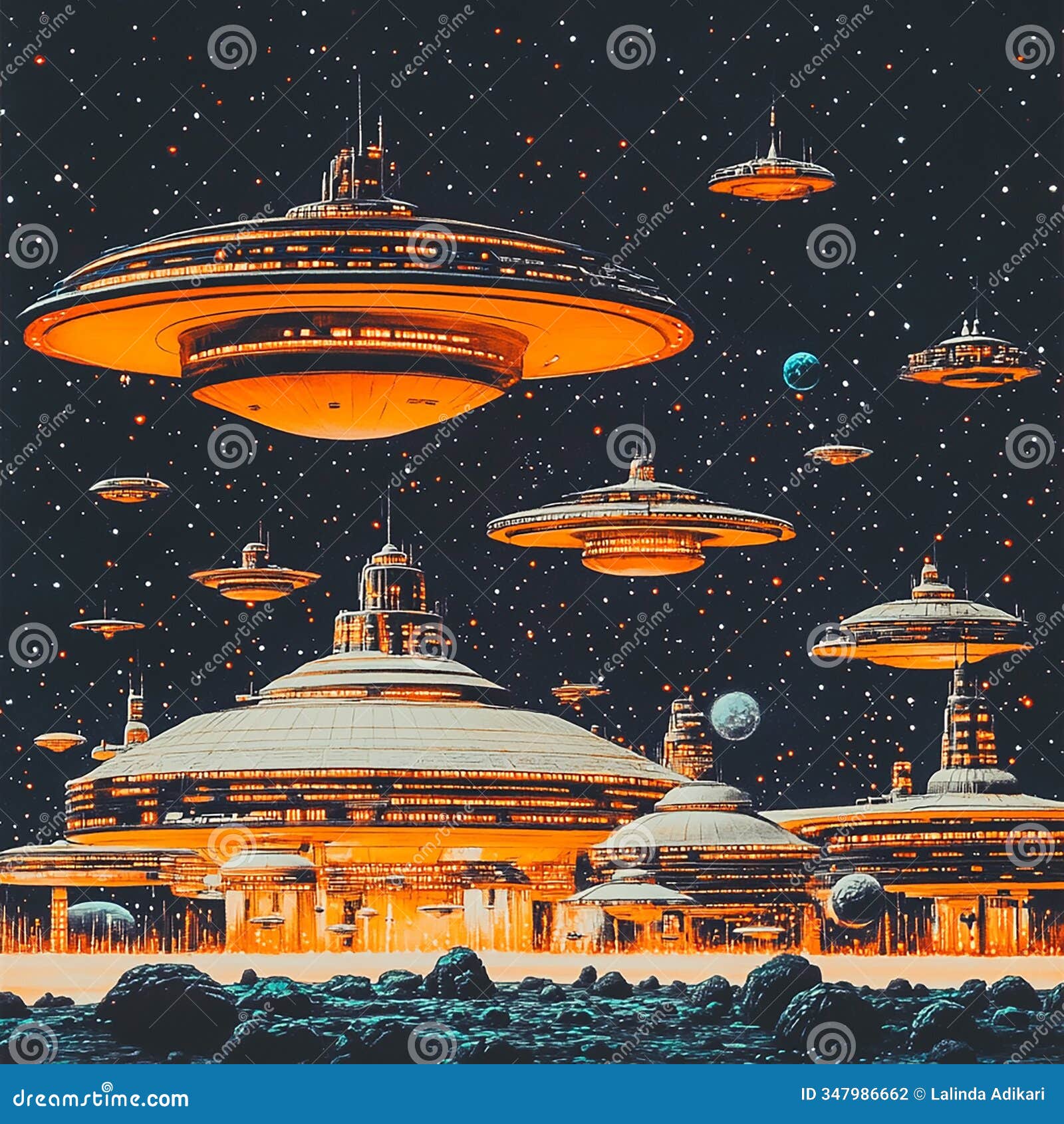 Fleet of Alien Ships Escorting a Colossal Spacecraft Stock Illustration ...