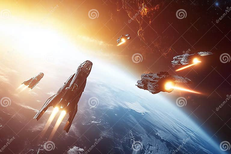 Fleet of Alien Spacecraft Launching from a Massive Space Station Stock ...