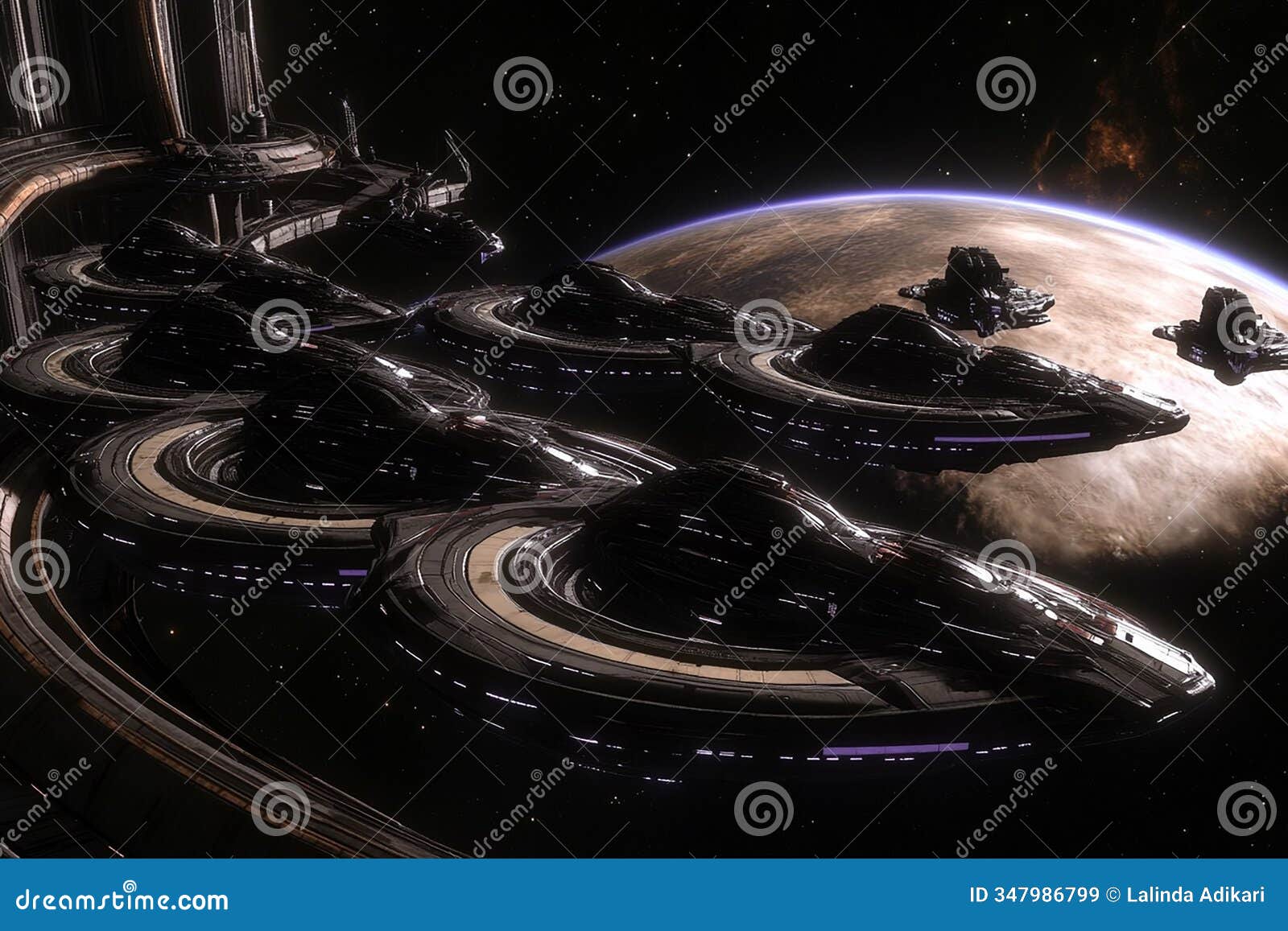 Fleet of Alien Spacecraft Launching from a Massive Space Station Stock ...