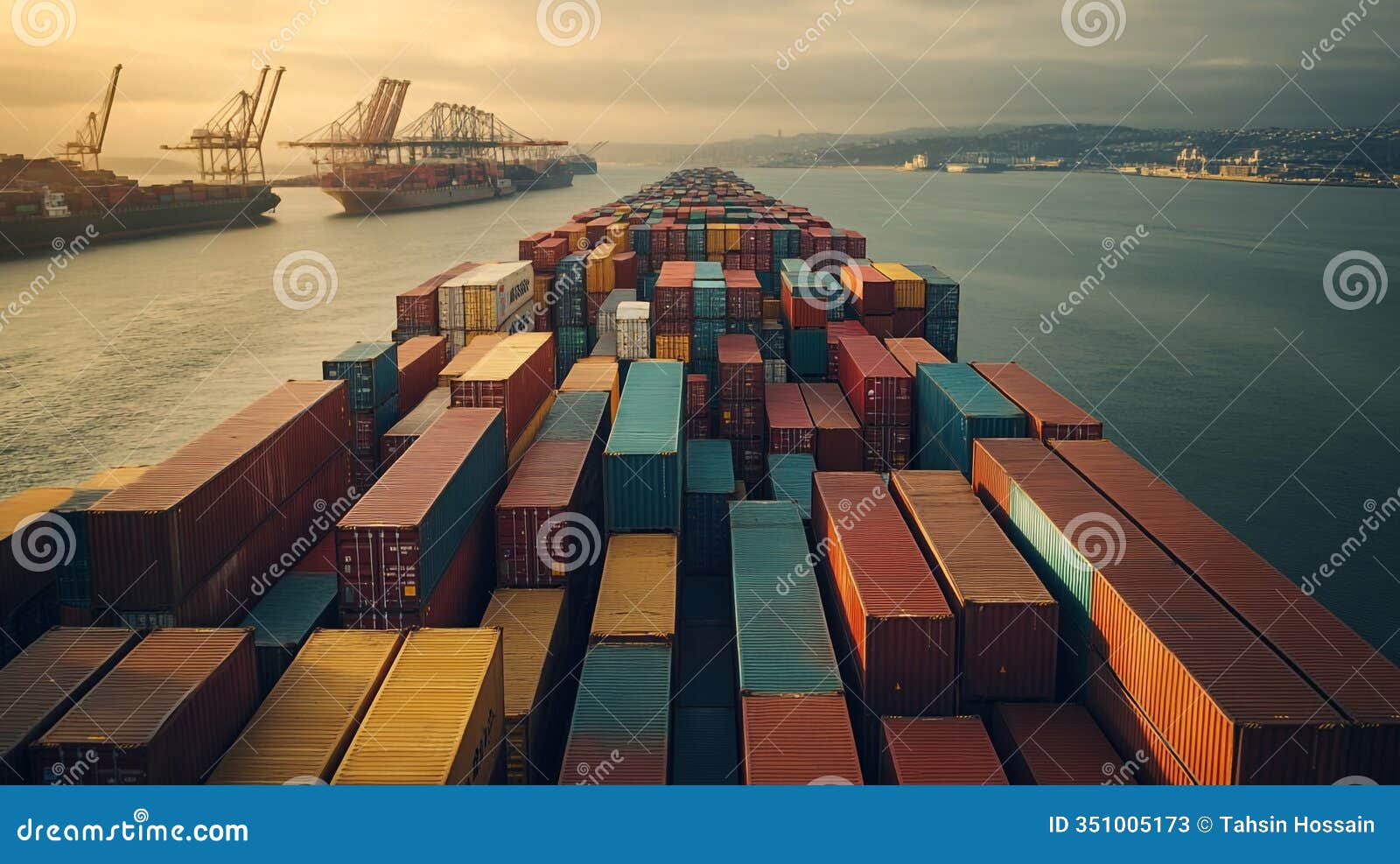 Container Ships Navigating a Busy Port at Sunset with Stacked Cargo ...