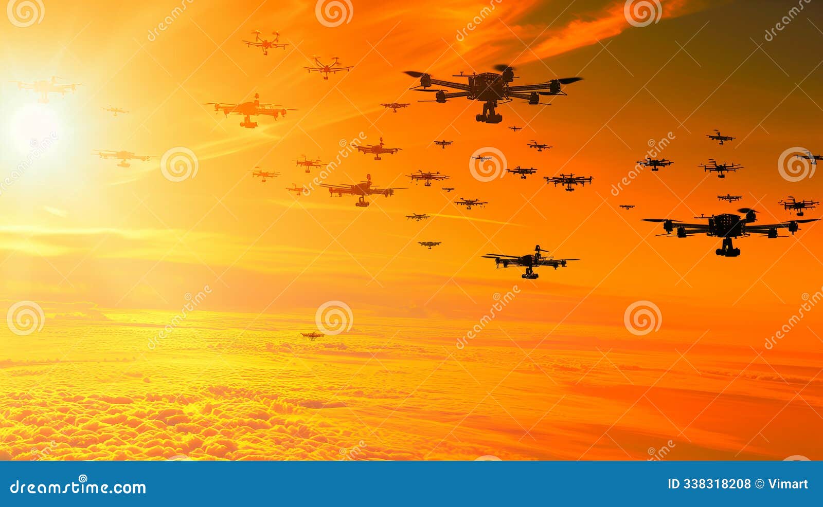 A Fleet of Drones is Flying in Formation Over a Picturesque Landscape ...