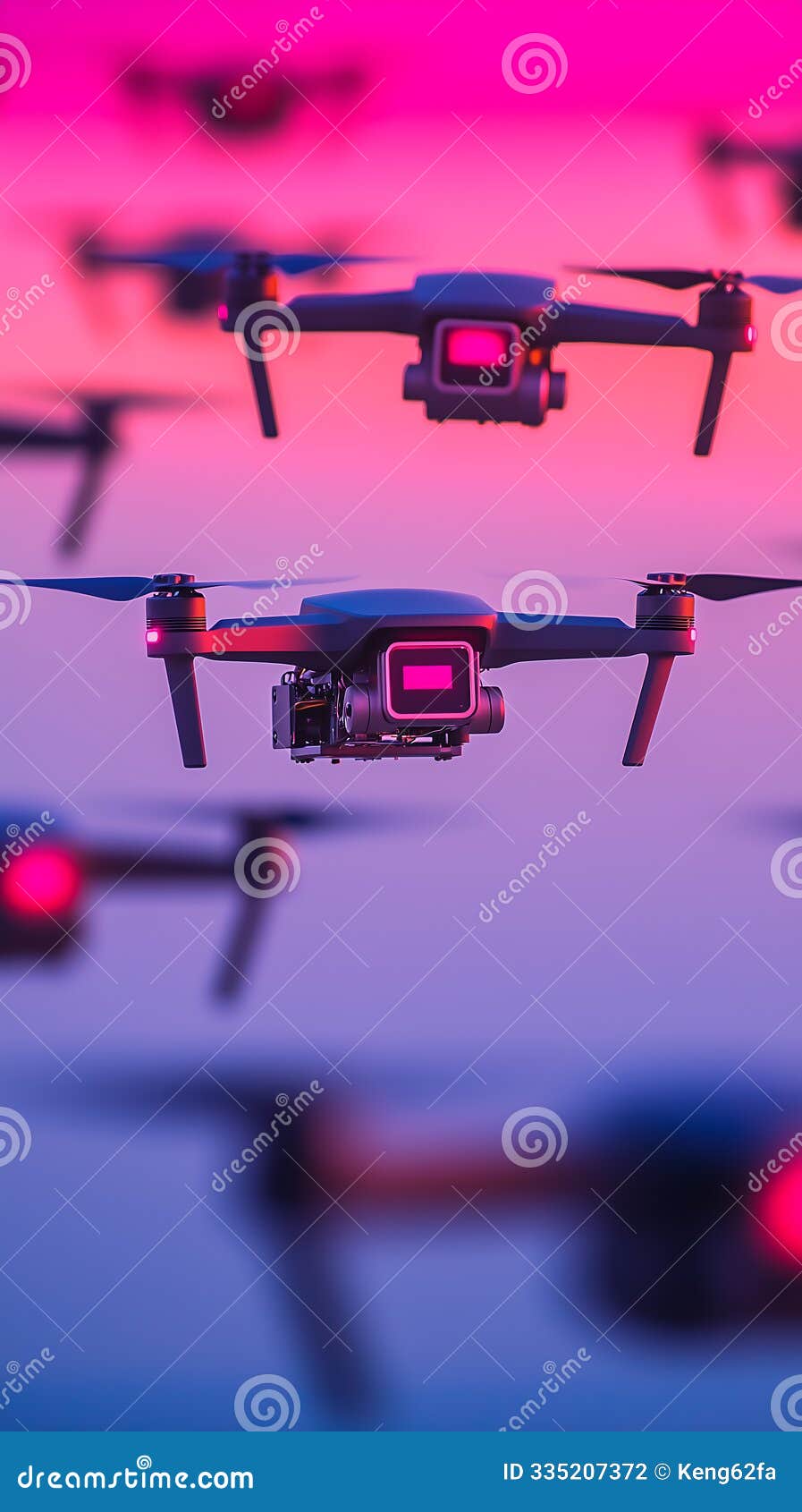 Network Of Drones Flying In Formation During Sunset, Symbolizing Aerial ...