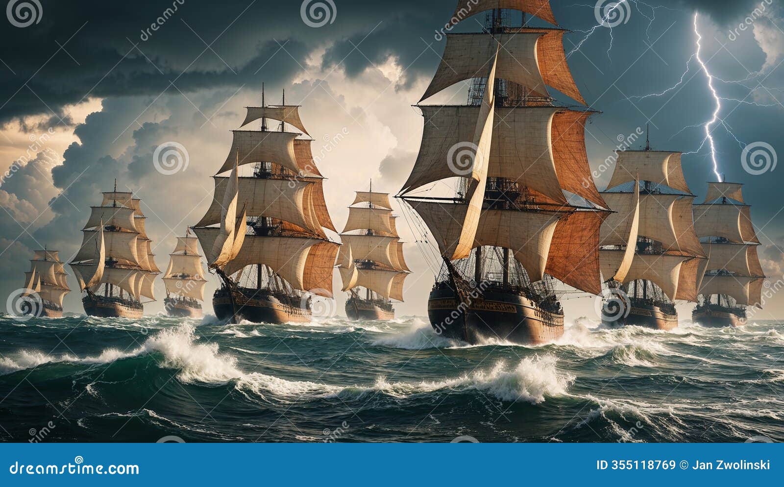 Fleet of Sailing Ships Navigating Stormy Seas with Lightning Strike ...