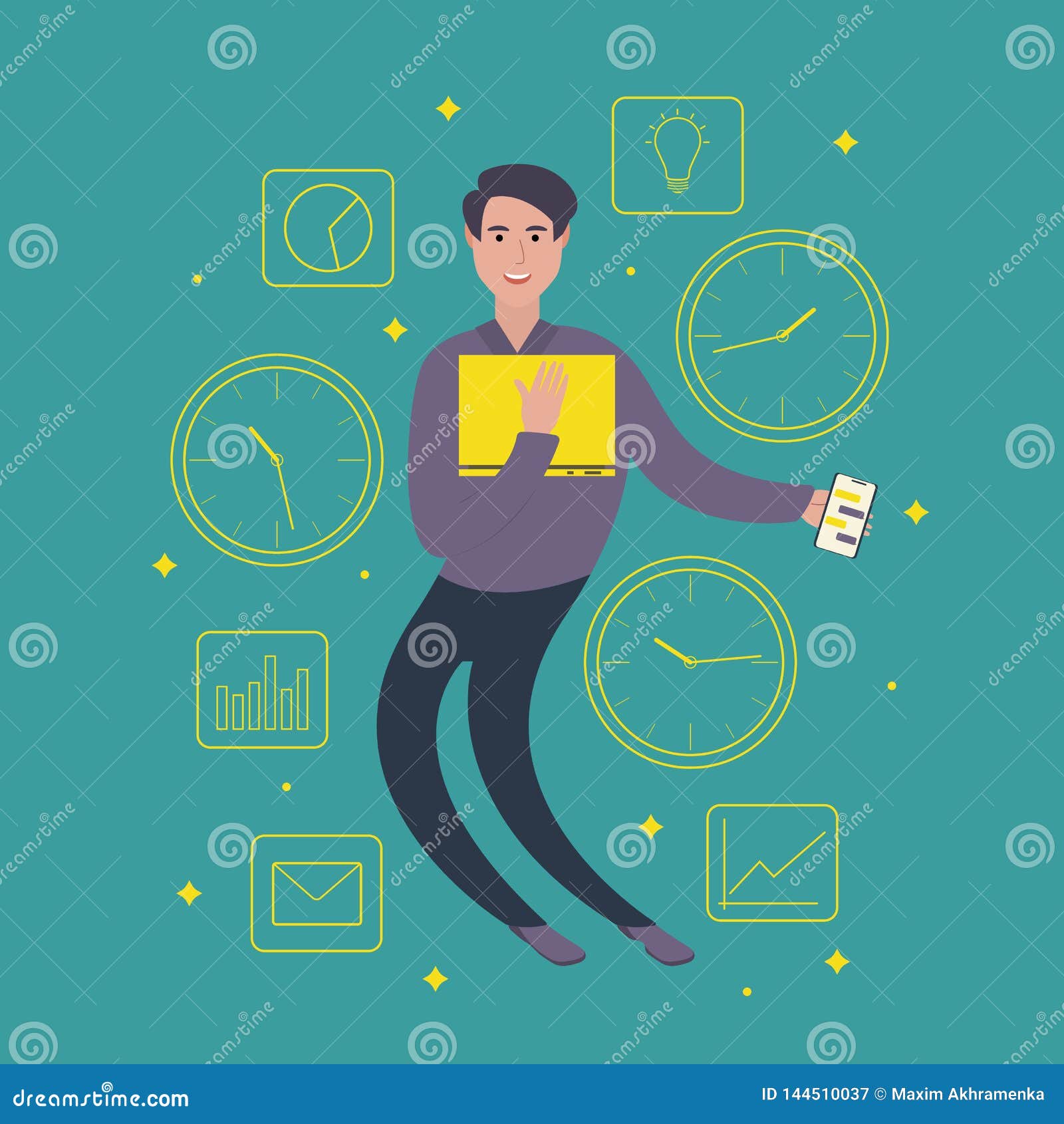 Flexible Modern Businessman Between Clocks And Graphics. The Concept Of ... Flexible Modern Businessman Between Clocks And Graphics. The Concept Of ...