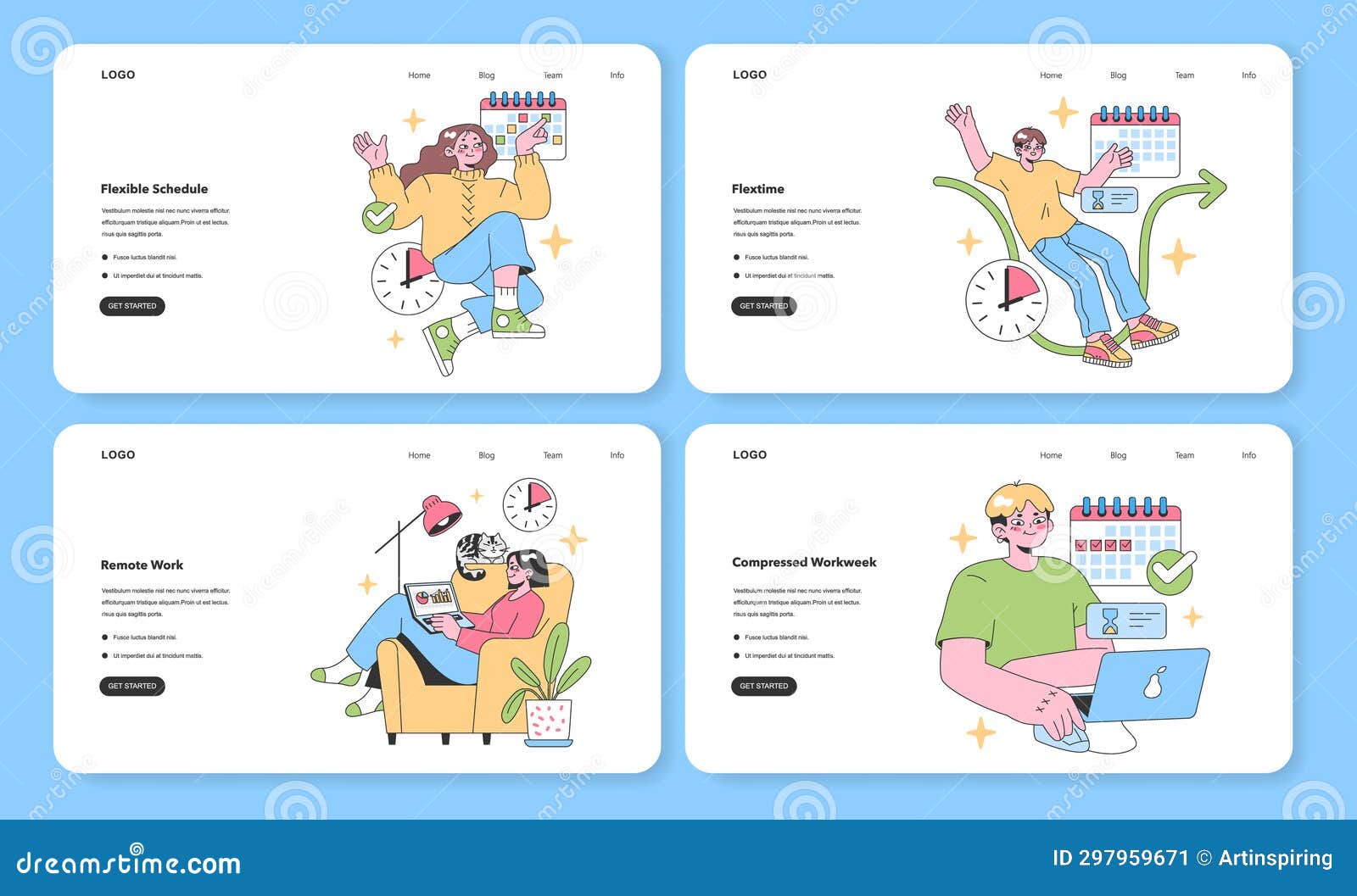 Flexible Work Arrangements Set. Flat Vector Illustration Stock ...