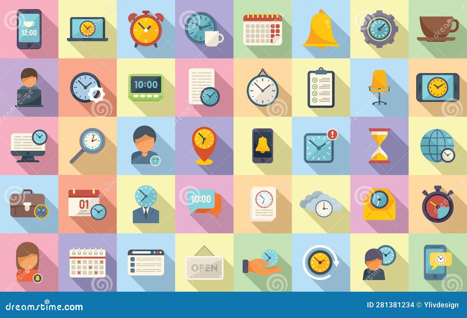 Flexible Working Hours Icons Set Flat Vector. Alarm Clock Stock ...