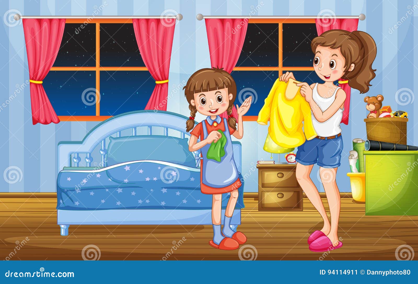 Flicka och mamma i sovrum vektor illustrationer. Illustration av lokal ...