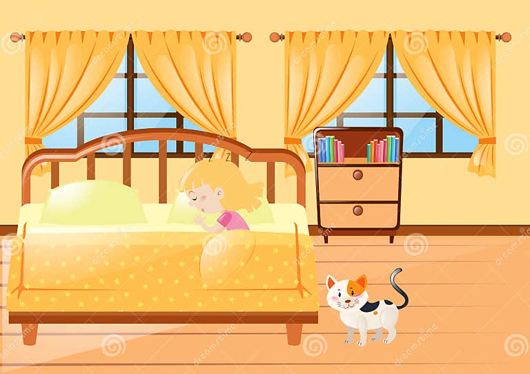 Flicka Som Sover I Gult Sovrum Vektor Illustrationer - Illustration av ...
