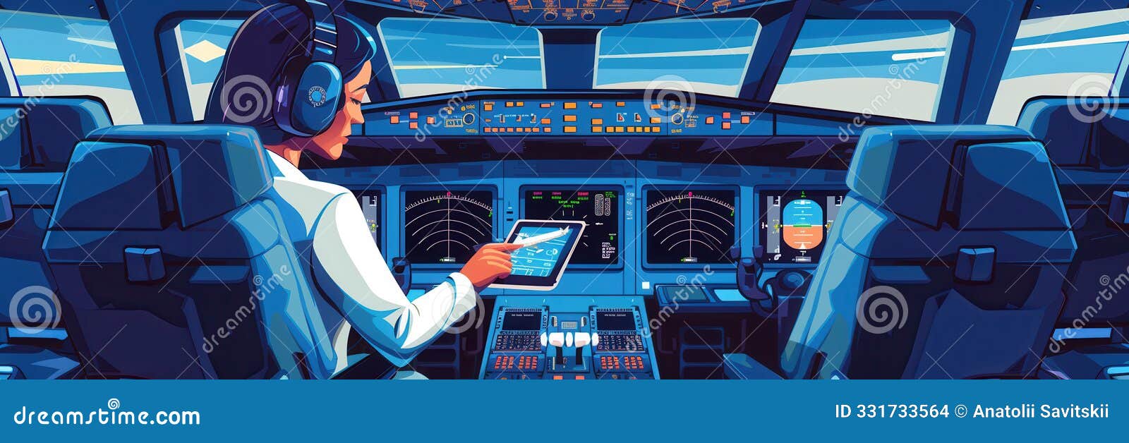 A Flight Attendant Attentively Monitors Flight Instruments and ...