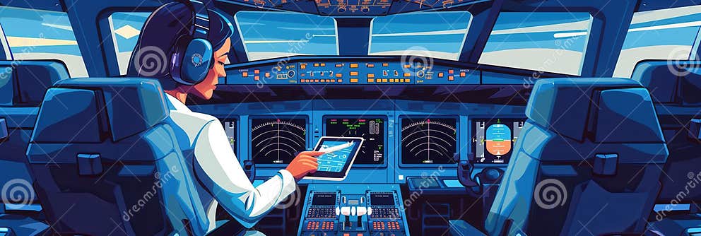 A Flight Attendant Attentively Monitors Flight Instruments and ...