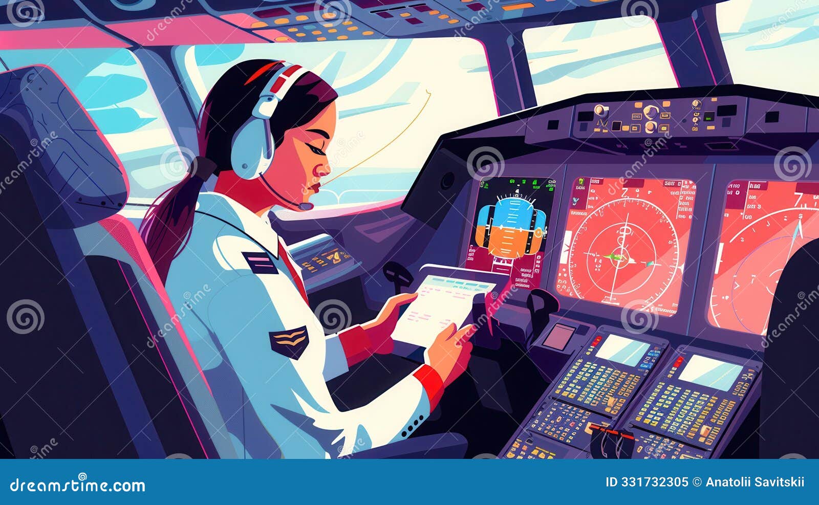 The Flight Attendant Focuses Intently on Her Tablet in the Cockpit ...