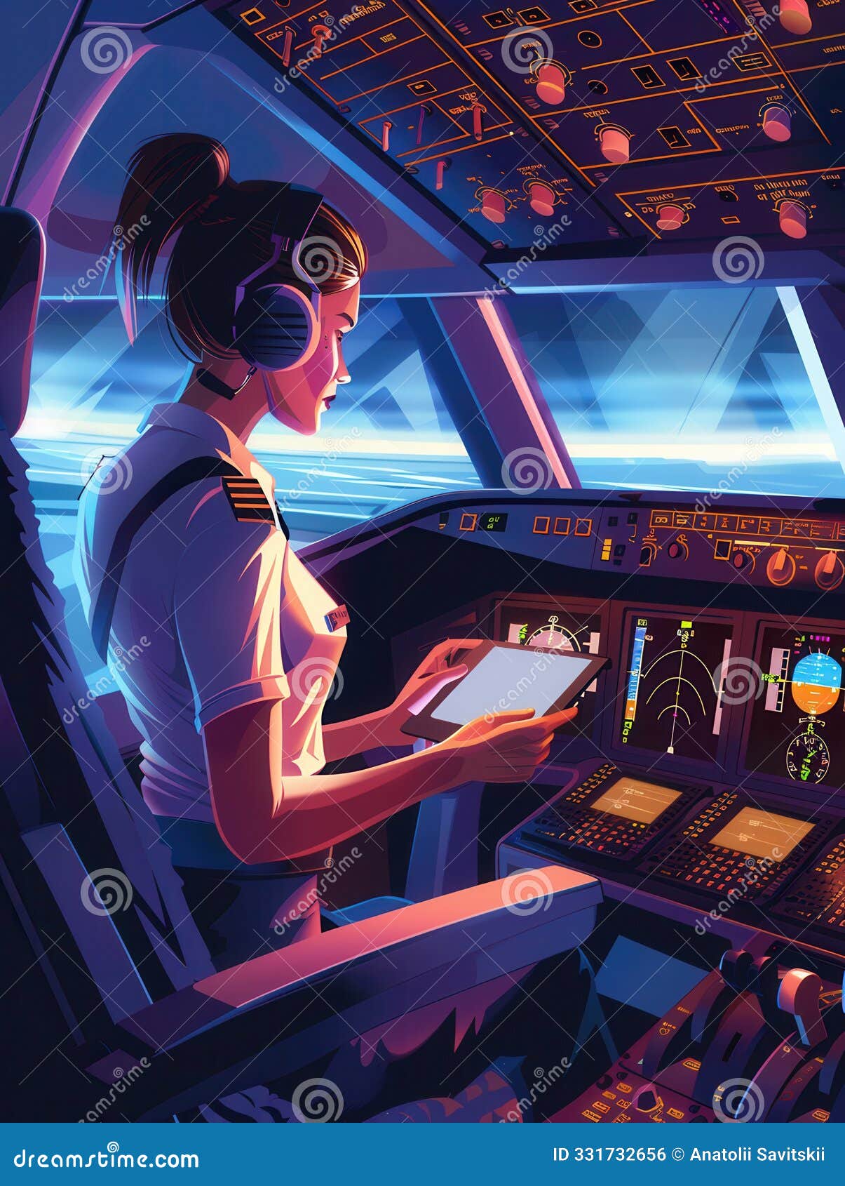 A Flight Attendant Reviews Flight Information on a Tablet while Seated ...