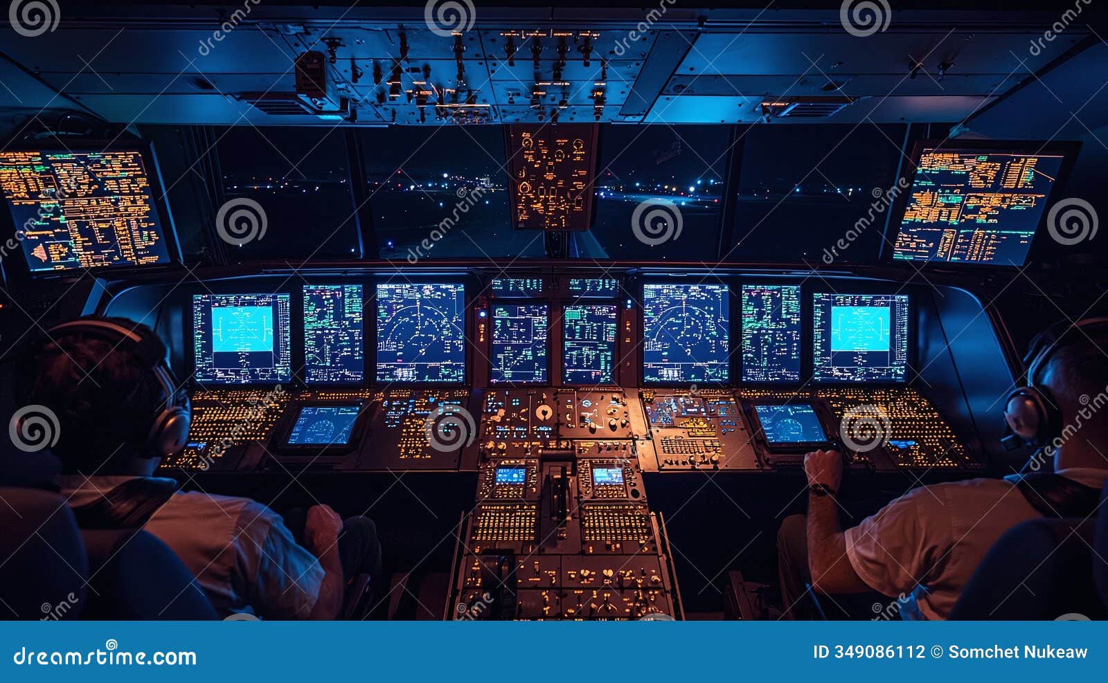 Flight Control Center Illuminated at Night with Glowing Screens and ...