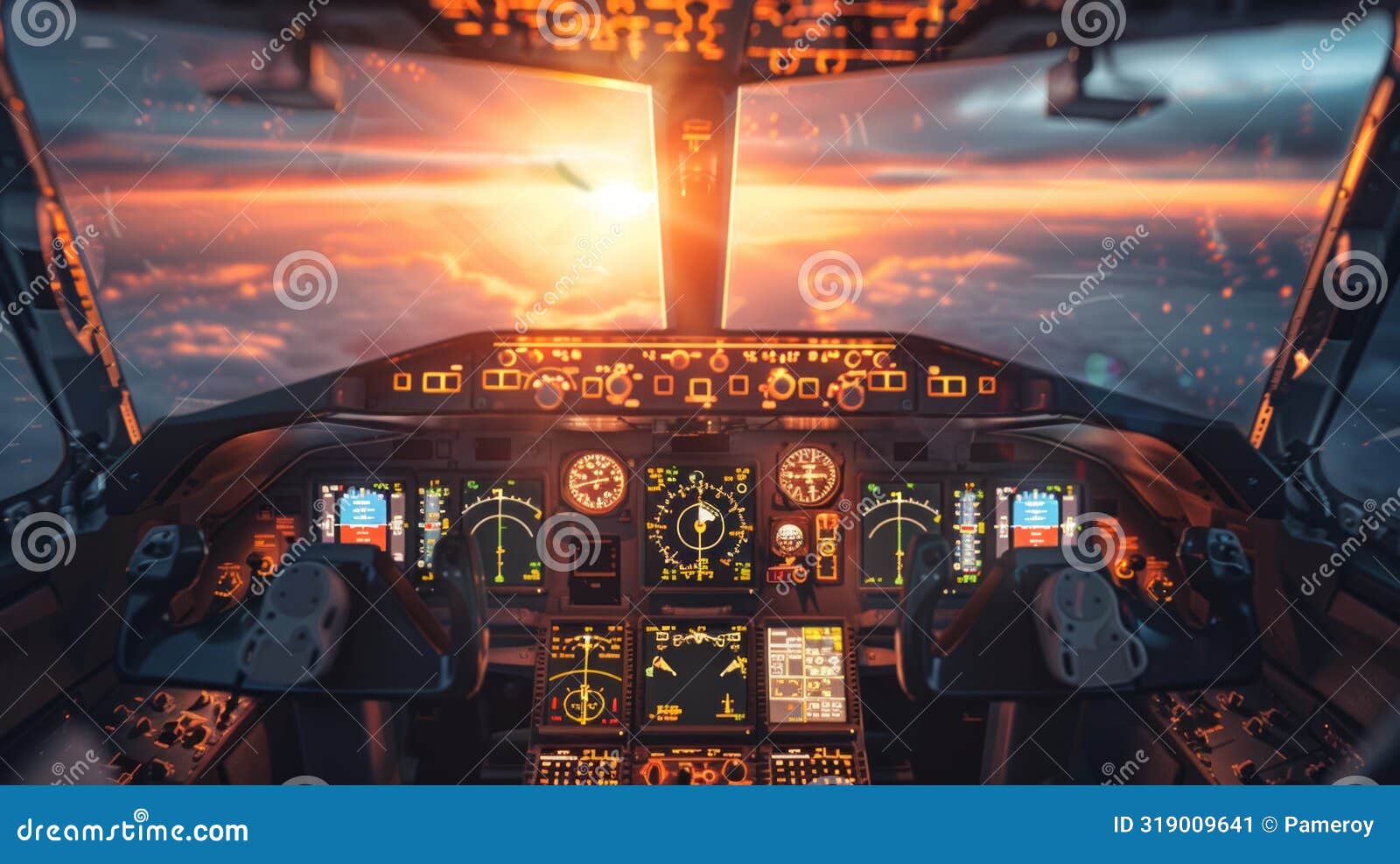 Flight Deck with Pilots Navigating through a Glowing Sunset Stock ...
