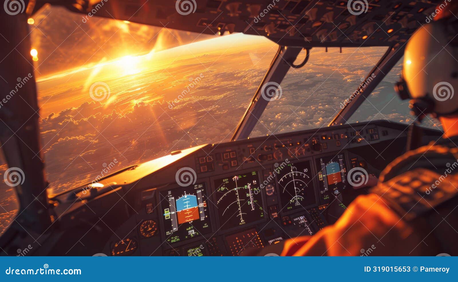 Flight Deck with Pilots Navigating through a Glowing Sunset Stock ...
