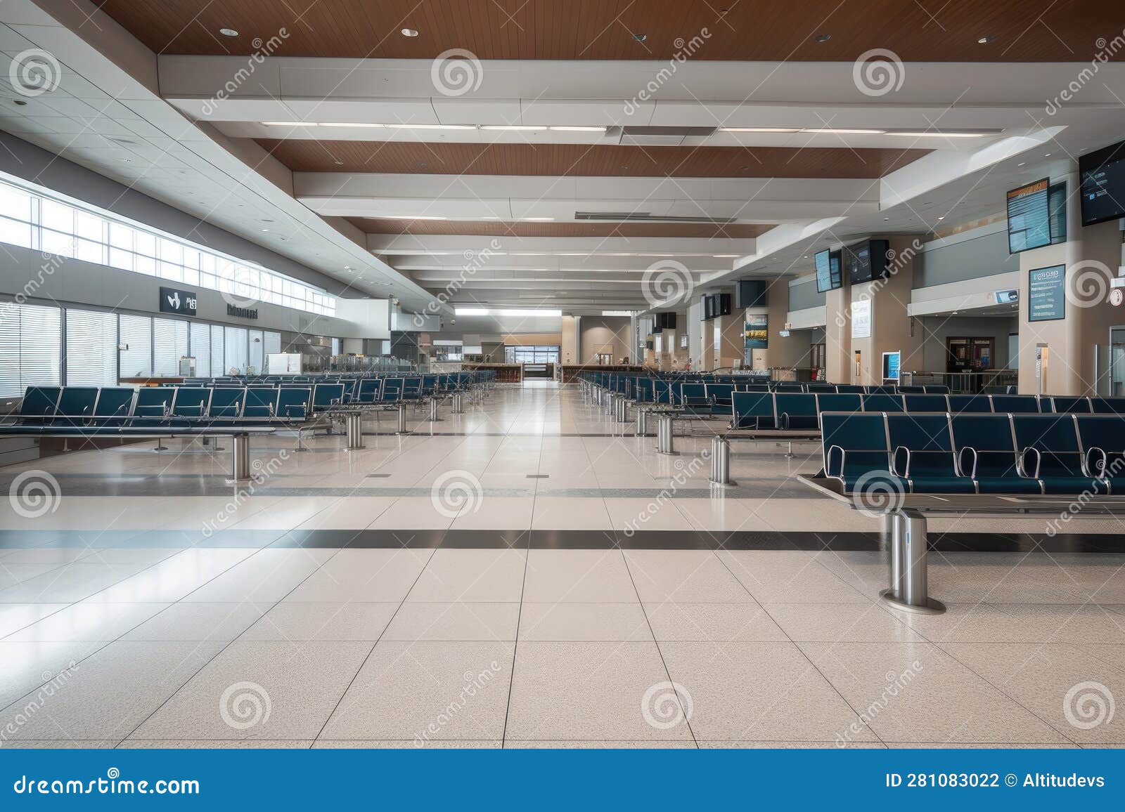 Flight Delay, Empty Airport Terminal with Passengers Waiting in Line at ...