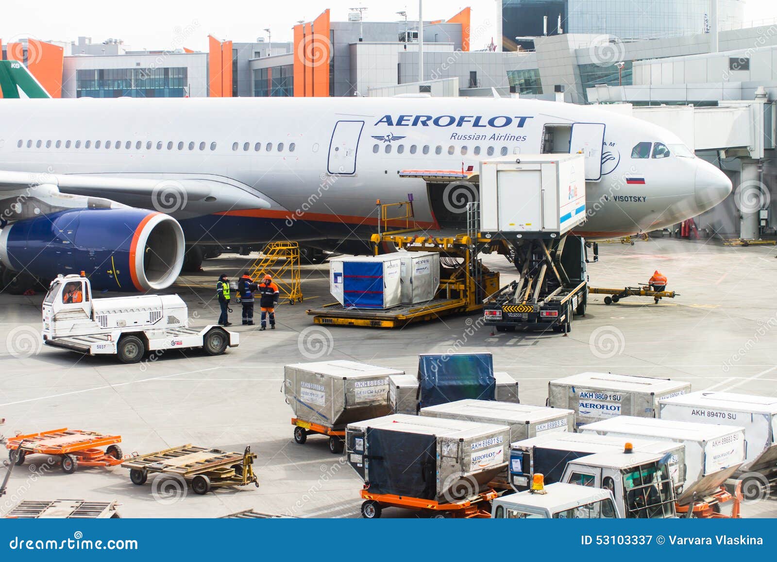 Flight Field, Aeroflot Aircraft and Loading Trucks before Taking ...
