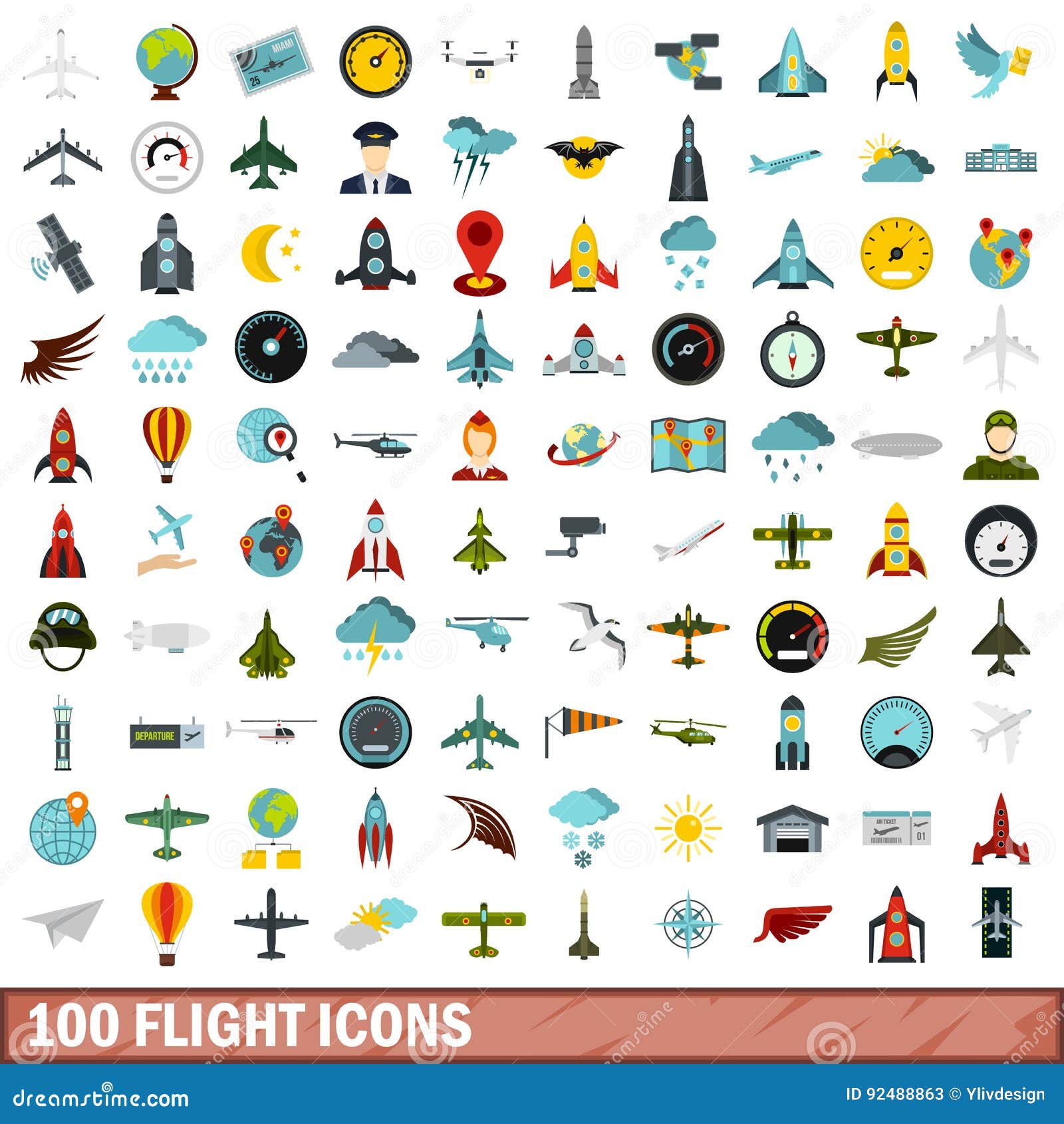 100 Flight Icons Set, Flat Style Stock Vector - Illustration of globe ...