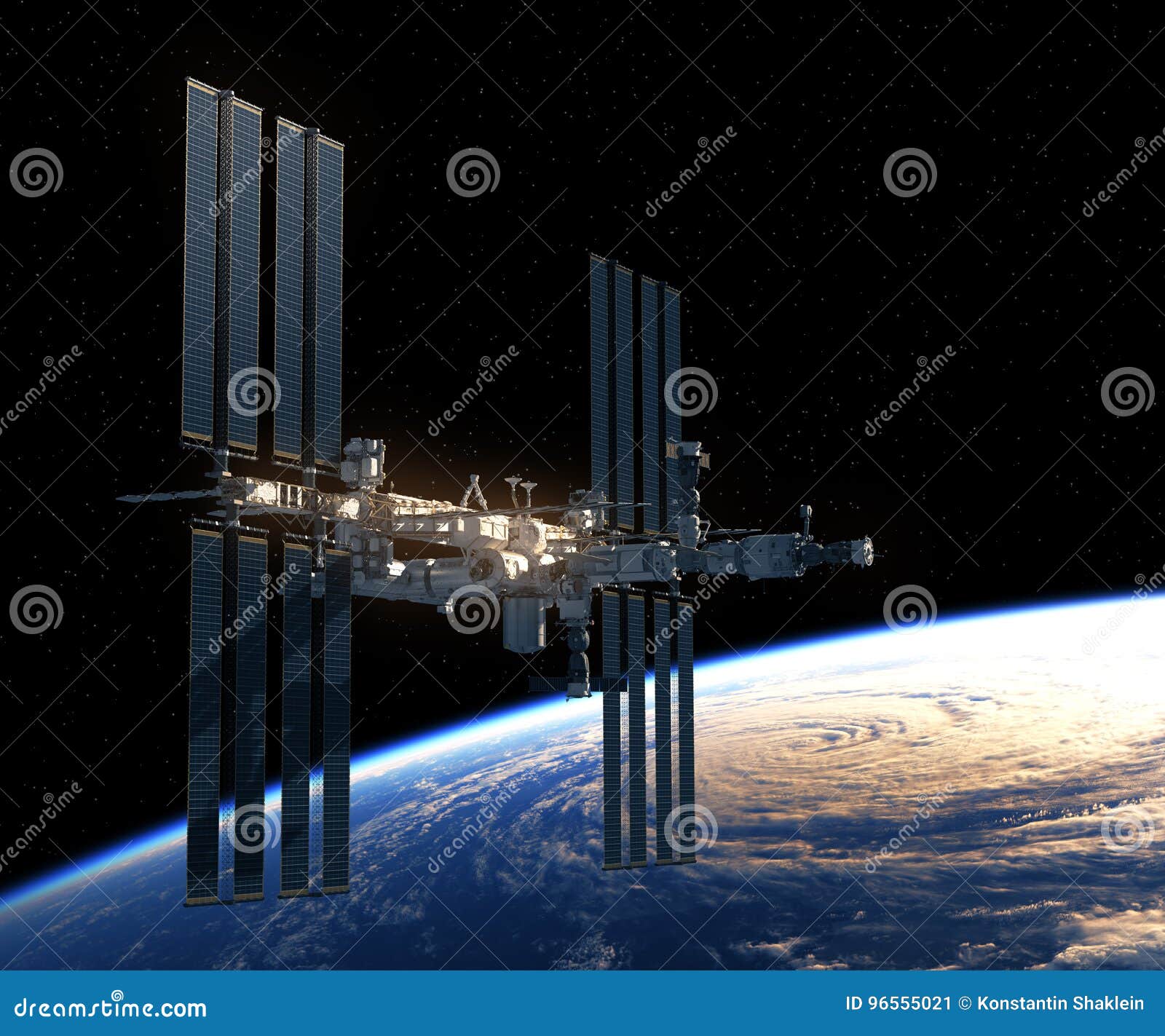 Flight of International Space Station Over the Earth Stock Illustration ...