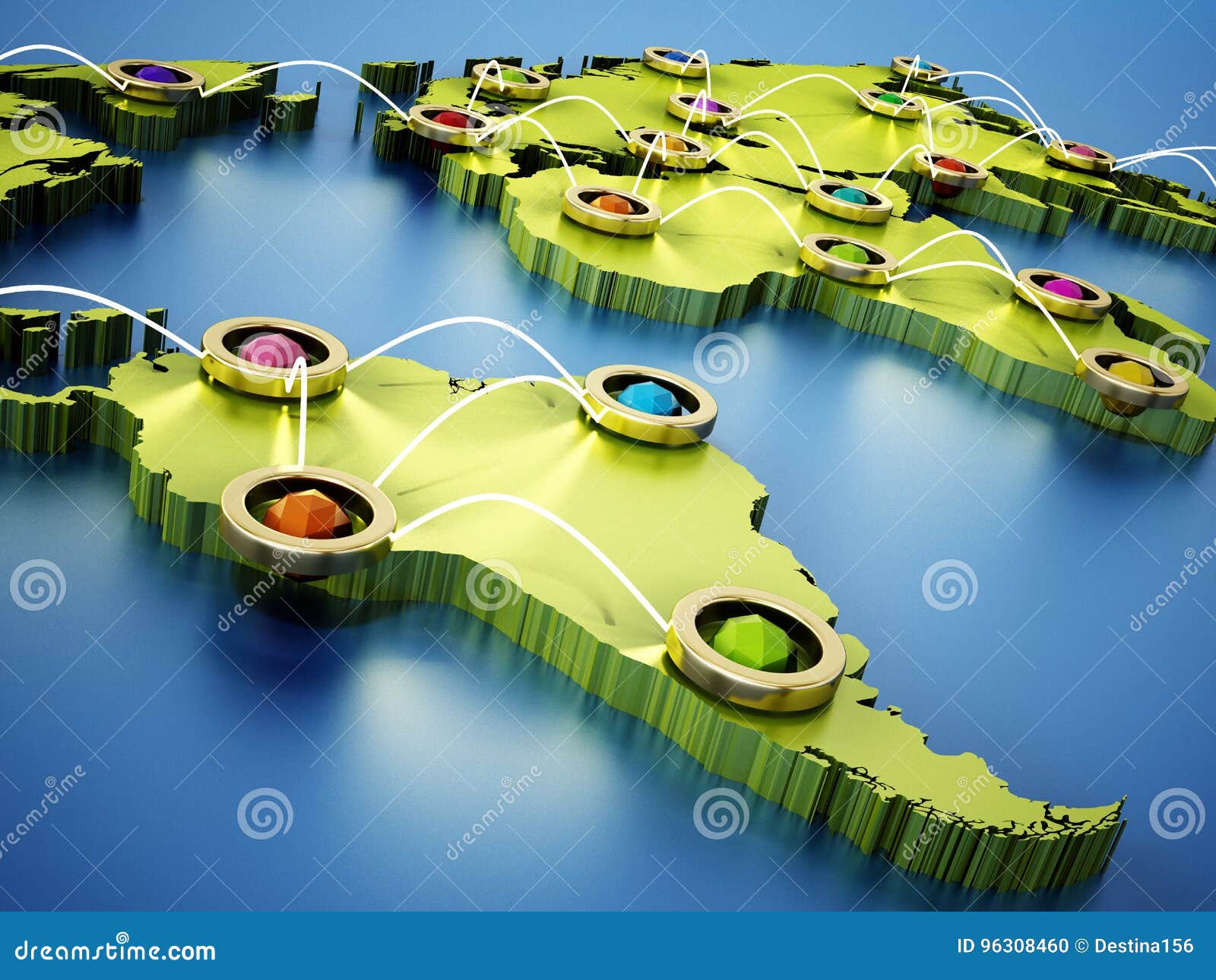 Flight or Internet Network on 3D World Map. 3D Illustration Stock ...