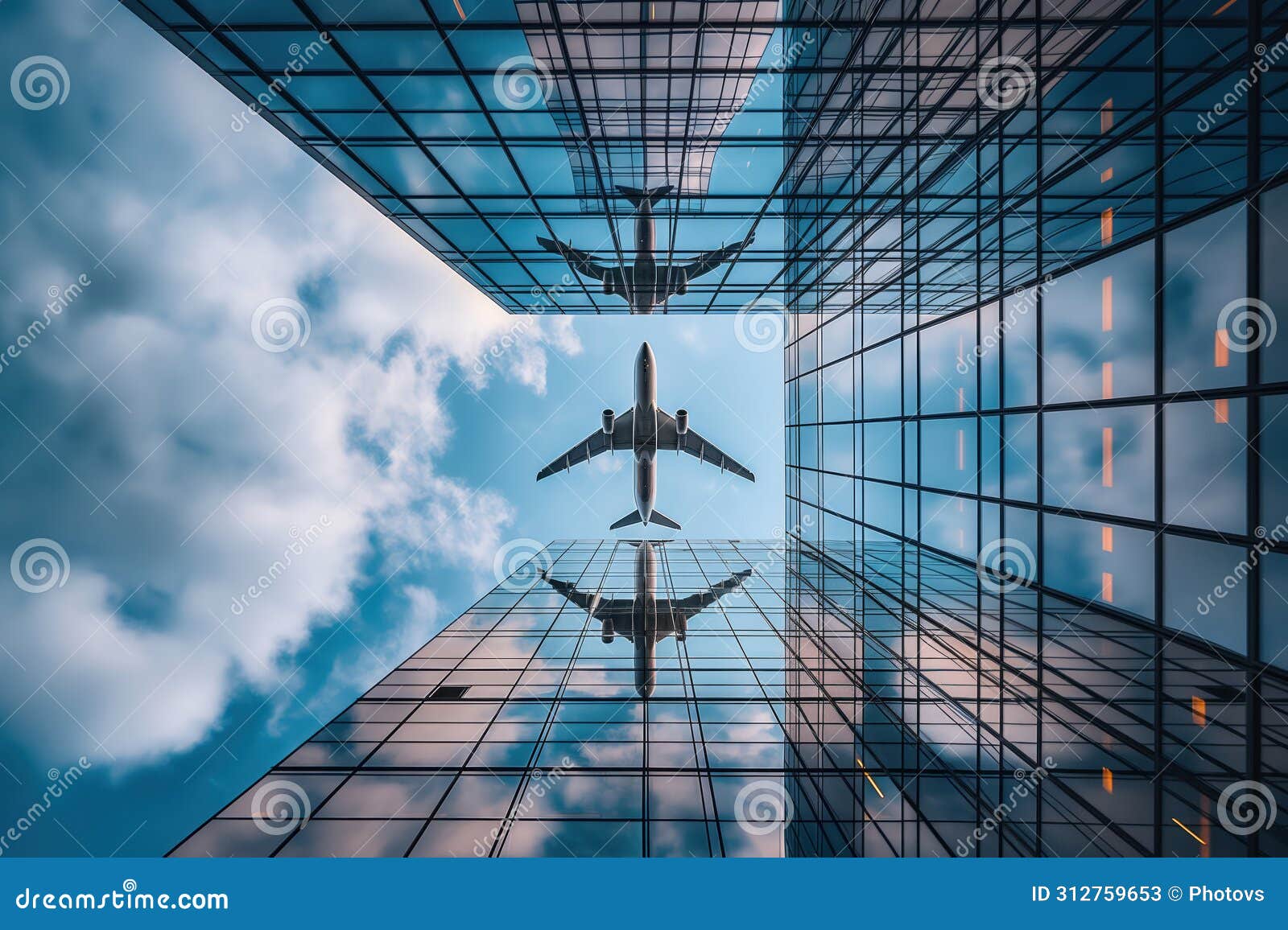 Flight of Jumbo Jet Cargo Passenger Plane Over Modern Skyscraper that ...