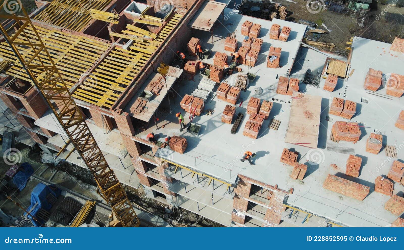Flight Over Building Under Construction by Workers and Machines. Stock ...