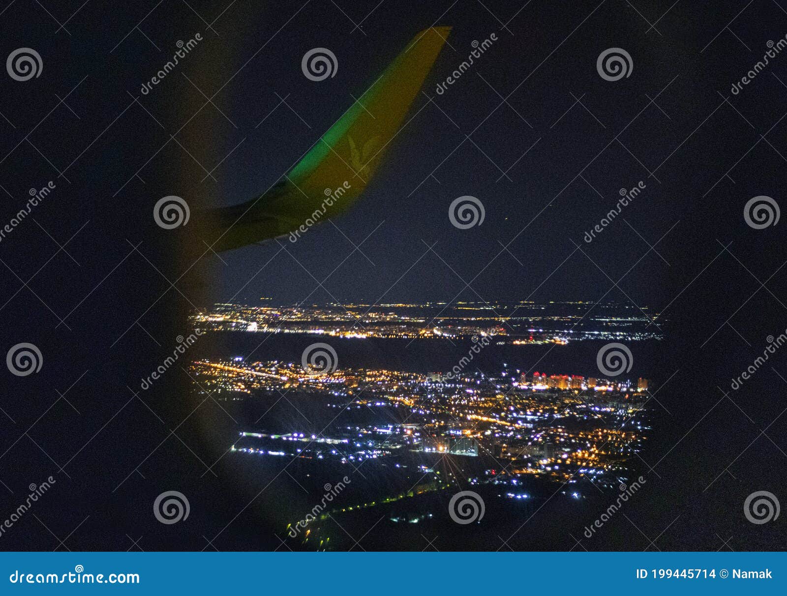 Flight Over the Night City View from the Plane, Horizontal Stock Photo ...