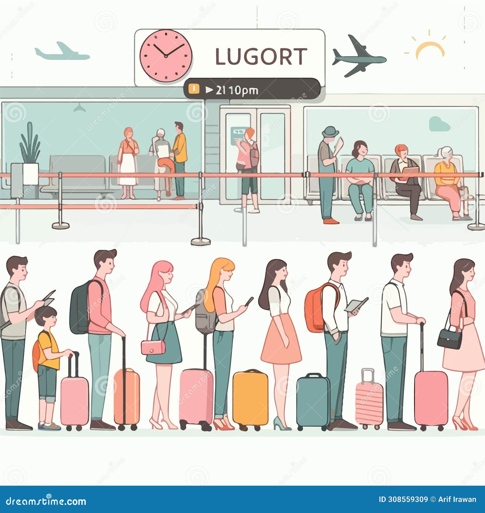Flight Queue at the Airport Checkin Room Stock Vector - Illustration of ...